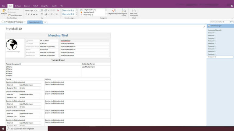 OneNote Protokoll Vorlage - NoteVorlagen.de