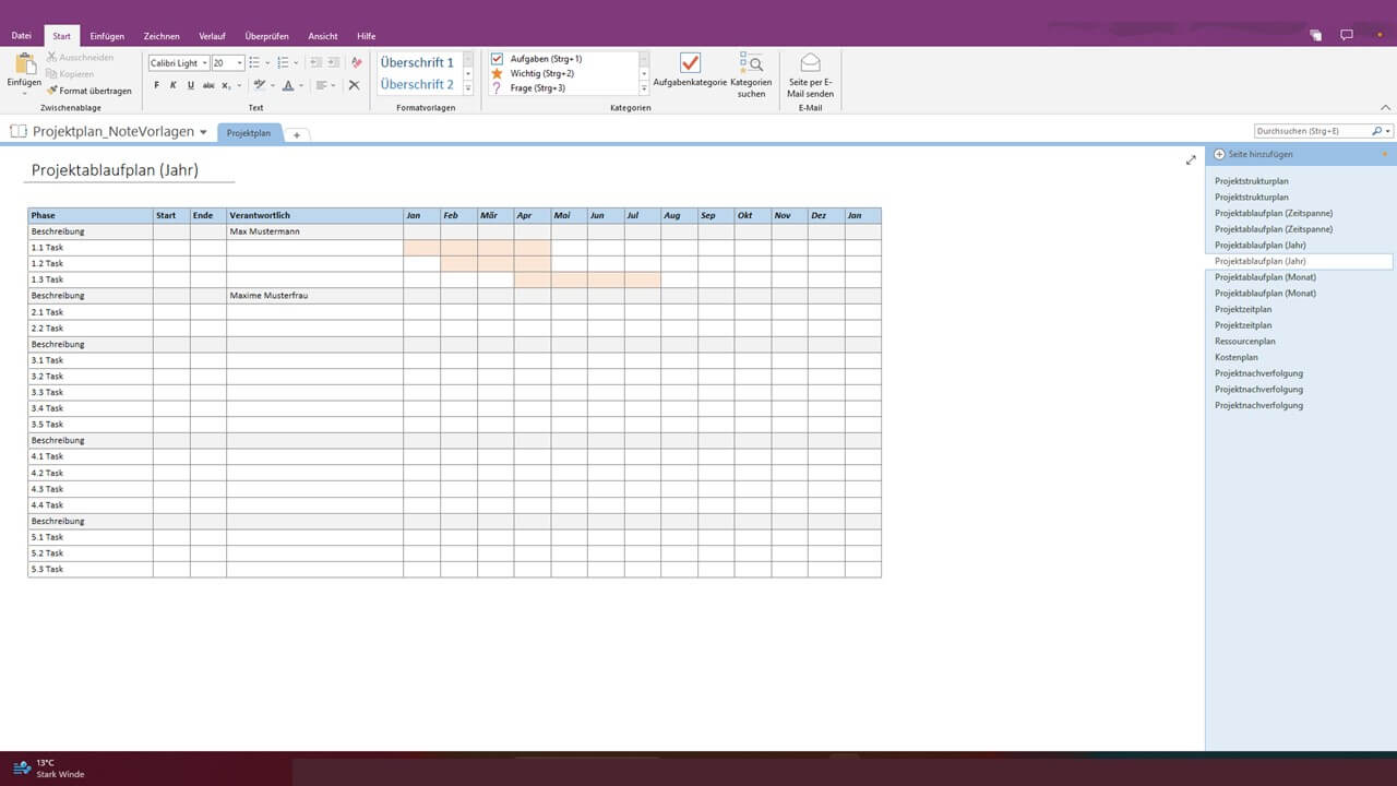 OneNote Projektplan Vorlage als Download - NoteVorlagen.de